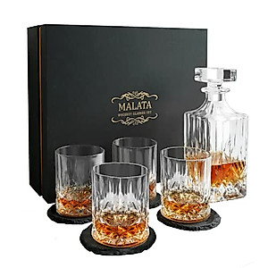 Whiskey Decanter and Glasses Set Crystal Bourbon Decanter Set with 4 Whiskey Glasses for Liquor Scotch Rum Vodka Gifts for Men Dad Husband Birthday Anniversary Plus 4 Free Coasters