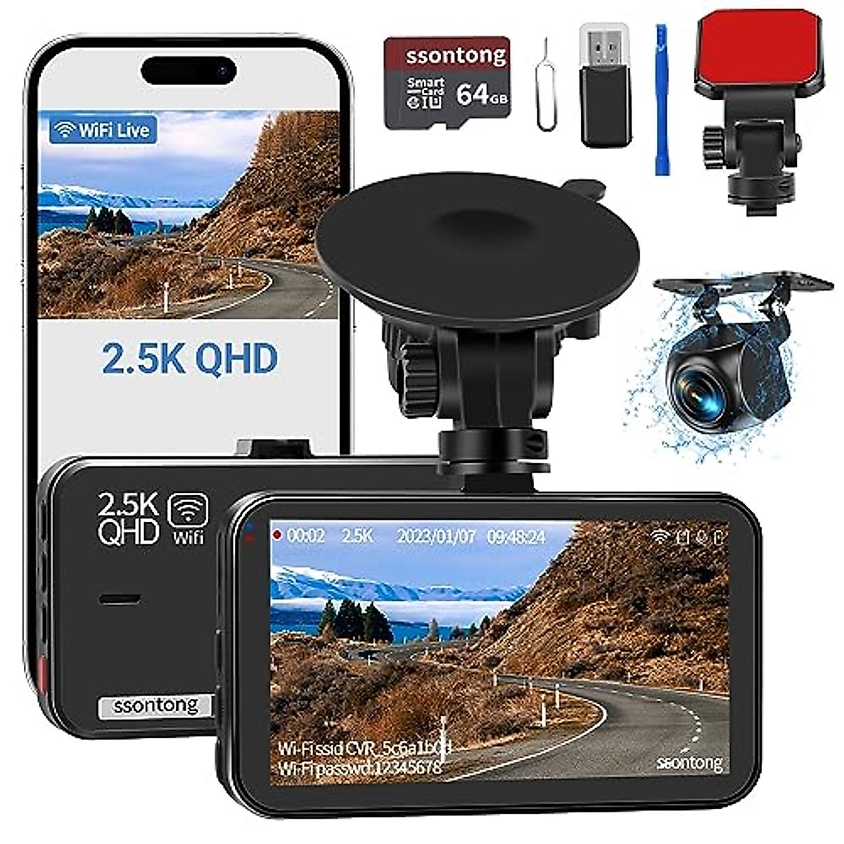 Dash Cam Front and Rear, Dash Camera for Cars WiFi/APP Control Dashcam W/ 64G SD Card, 2.5K Dash Cam Front + 1080P Rear Car Camera W/Super Night Vision, Loop Recording, G-Sensor, Max Support 256GB