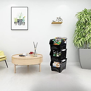 Nicesh Plastic Stacking Bins, Stackable Storage Basket Trays, Black, Set of 3