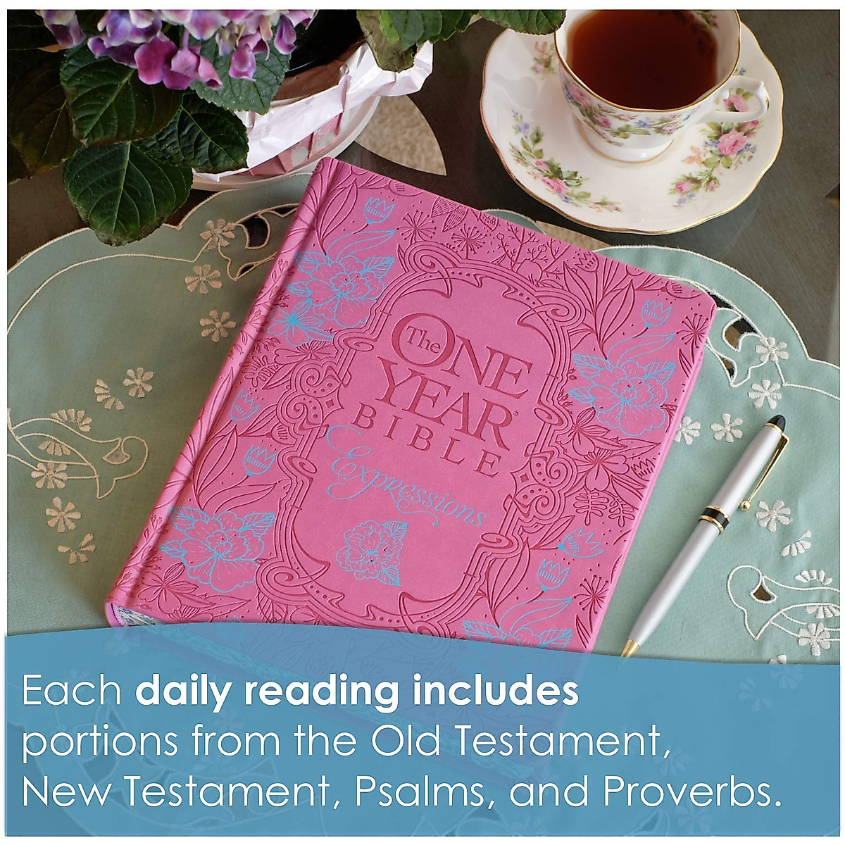 The One Year Bible Expressions NLT, Deluxe (Hardcover, Pink Flowers)