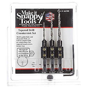 Snappy Tools 44300 New 3-Piece Hex Shank Tapered Drill Countersinks Set For #6/#8/#10 Wood Screws, Reusable, Use With Round Shank Tapered Twist Drills, 1.8-Inch Hex Key, 1/4-Inch Hex Power Bit Shank