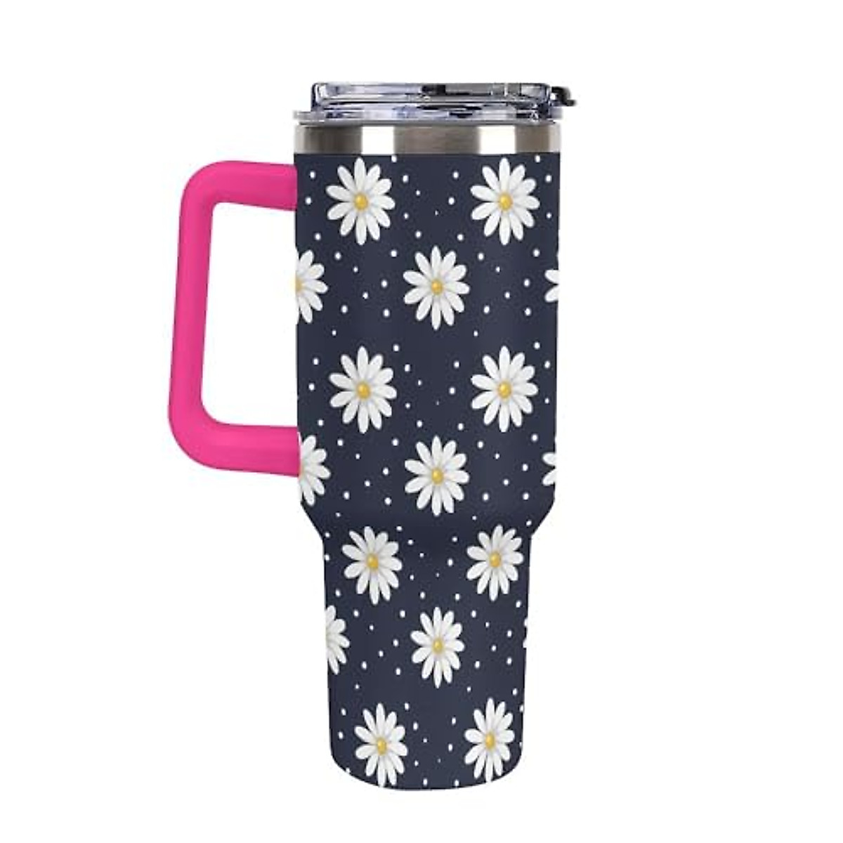 White Daisies Circles 40 Oz Tumbler Insulated Stainless Steel Water Bottle Travel Mug Car Cup with Handle And Straw