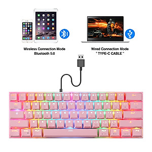 MOTOSPEED Bluetooth/Wired 60% Pink Mechanical Keyboard Compact 61 Keys RGB LED Backlit Type-C Gaming/Office Keyboard for PC/Mac/Laptop Gamer (Red Switch)