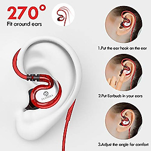JAAMIRA Sports Wired Earbuds Over Ear Headphones with Microphone -Comfortable in Ear Ear Buds for Kids &Adults -Noise Isolation Earphones 3.5mm Jack for Phone iPhone Computer Runing Workout Gym Red