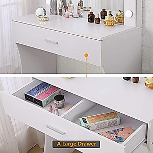 Titoni Vanity Table Set with Lighted Mirror - Makeup Vanity with Lights, Adjustable Brightness, Large Drawer Sturdy Wood Vanity, White 80x40x140cm