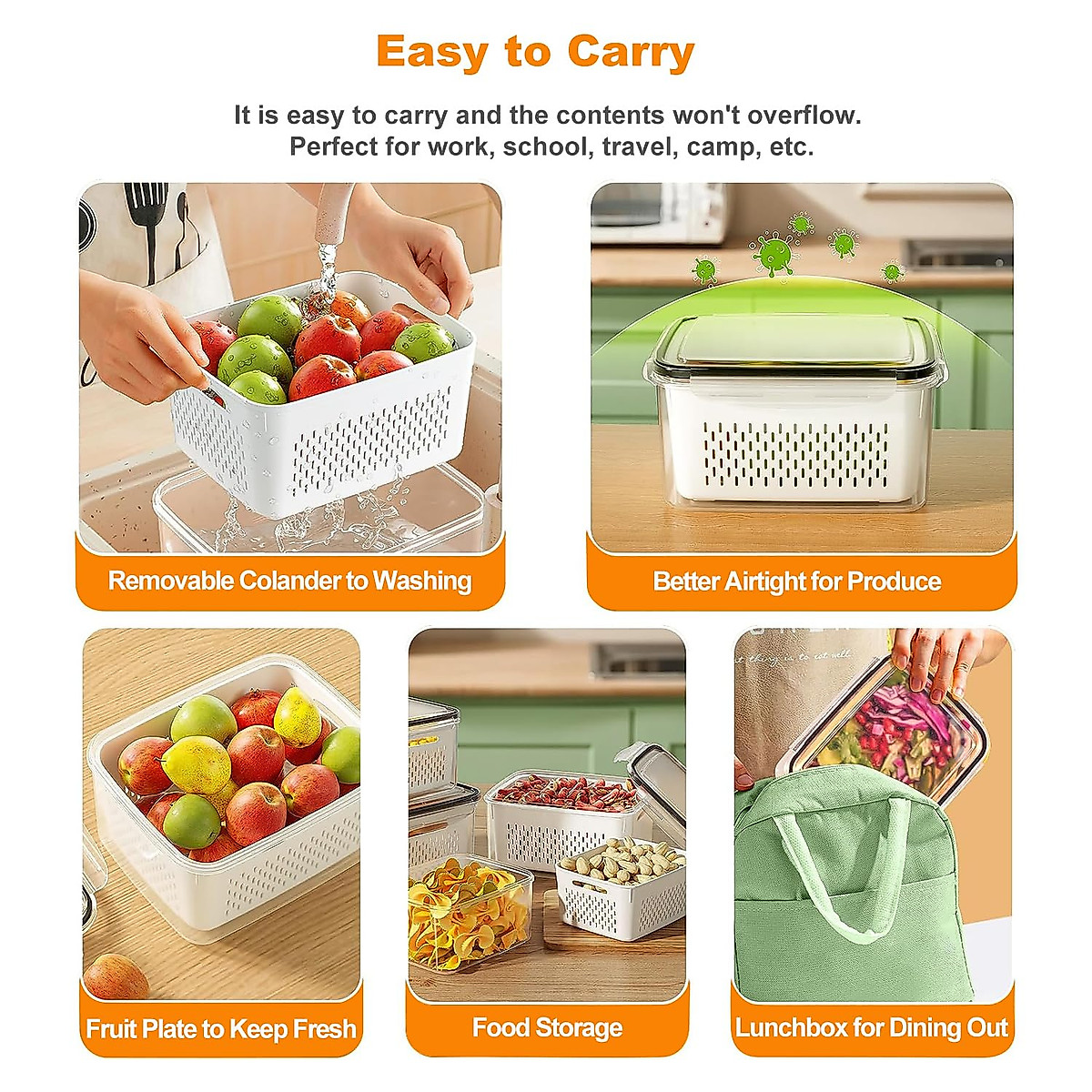YIENOGO 4 Size Fruit Vegetable Storage Containers for Fridge with Colander and Lid Refrigerator Storage Containers Bins Organizer for Fruit Food Produce, White, YI-01F04