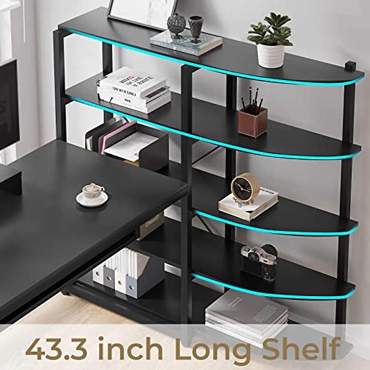 SEDETA  L Shaped Computer Desk, 63'' Corner Gaming Desk, Computer Desk with Storage Shelves, Keyboard Tray, Monitor Stand and Headphone Hook, Corner Gaming Desk with LED Lights, Black