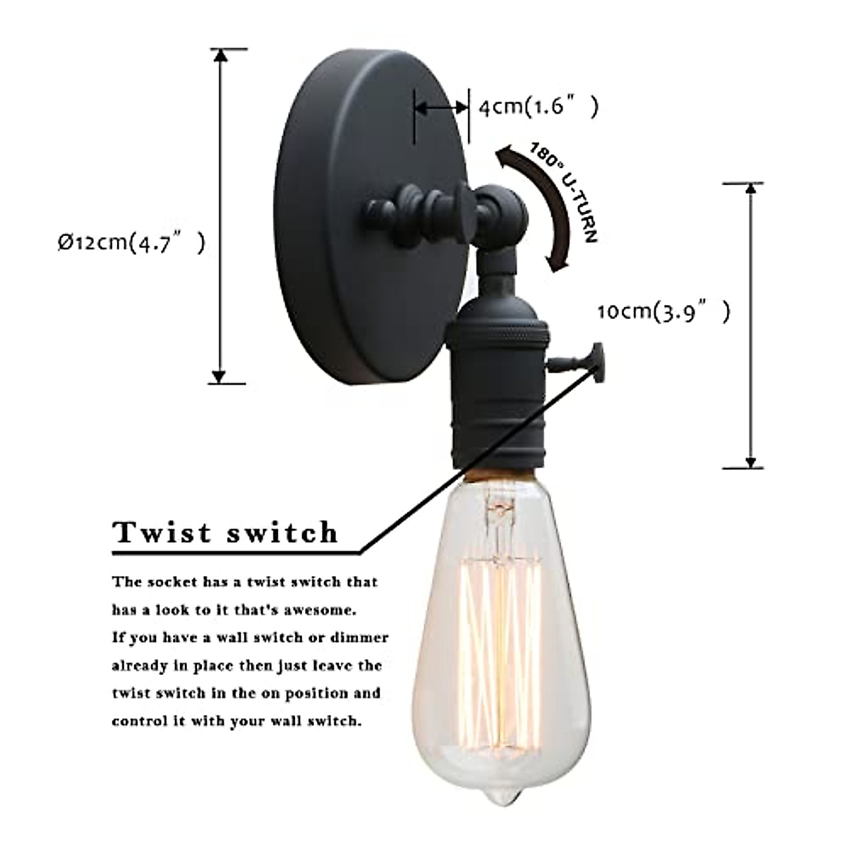 Pathson Vintage Wall Lamp, 1 Light Loft Sconce with Candlestick Molding Design, Industrial Wall Light Fixture, 180 Degree Rotated Metal Base Cap for Farmhouse (Bulbs Not Included)