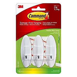 Command Medium Wire Hooks, White, Indoor Use, 3-Hooks, 4-Strips, Organize Damage-Free