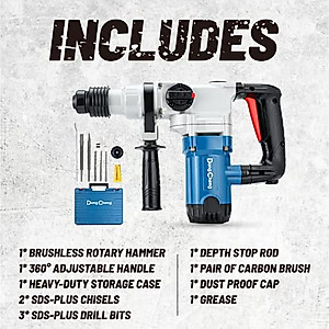 DongCheng 1-1/8 Inch SDS-Plus Rotary Hammer Drill with Safety Clutch, 9.2Amp Heavy Duty Corded Demolition Hammer for Concrete, 1300 RPM, 3.6 Joules, Including 3pcs Drill Bits