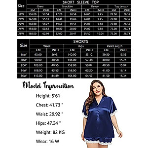 SWOMOG Women Plus Size Pajama Set Silk Satin Lounge Set Short Sleeve 2 Pcs Ladies Pj Sets Button Down Lace Trim Sleepwear with Shorts Navy Blue