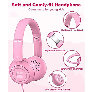 Link Dream Kids Headphones for School with Microphone Stereo On-Ear Folding 85/94dB Volume Control Child Headphones for Kids/Girls/iPad/Fire Tablet/PC/Travel, Pink