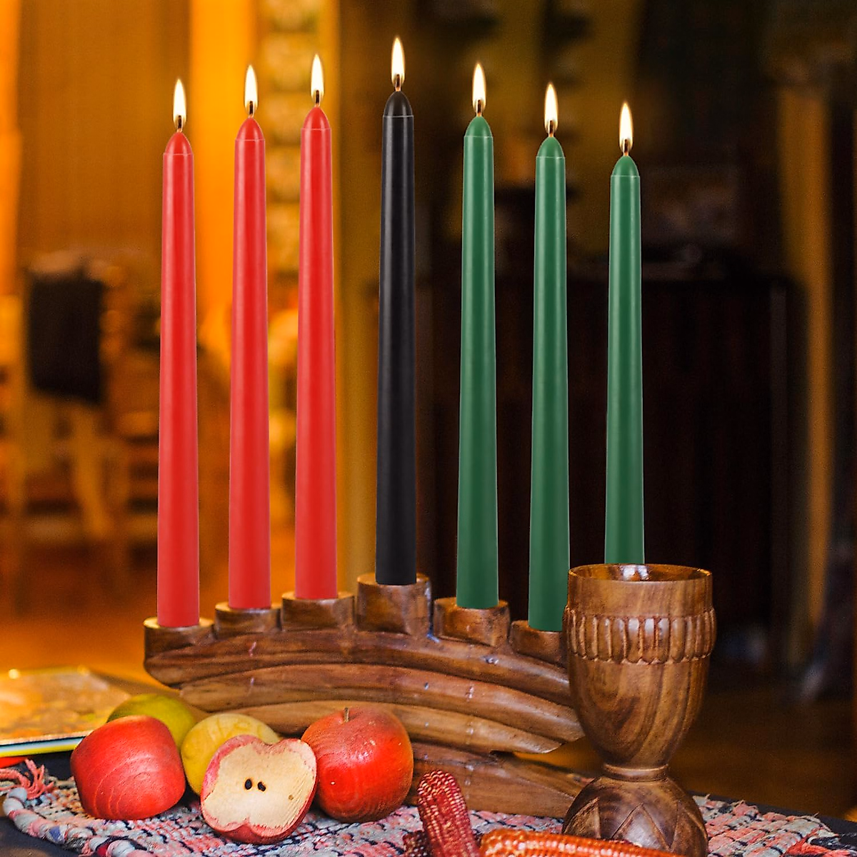 Set of 14 Kwanzaa Taper Candles, 6 Red, 6 Green, 2 Black Mishumaa Saba Candle Set, 10 Inch Dripless Tall Candle Stick for Kwanzaa, 7-7.5 Hour Burn Time
