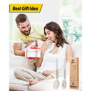 Silicone Pasta Fork and Cooking Spoon Set, Non Stick Kitchen Utensils for Cooking,Stirring,Serving Spaghetti, Soup, Sauce (KHAKI)