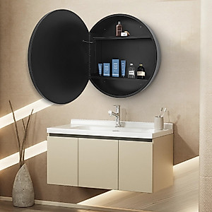RINDOW 24" X 24" Black Round Medicine Cabinet with Vanity Mirror Anti-Fog Function, LED Lighted Medicine Cabinet Mirror for Bathroom with Storage /3 Color Lighting Modes