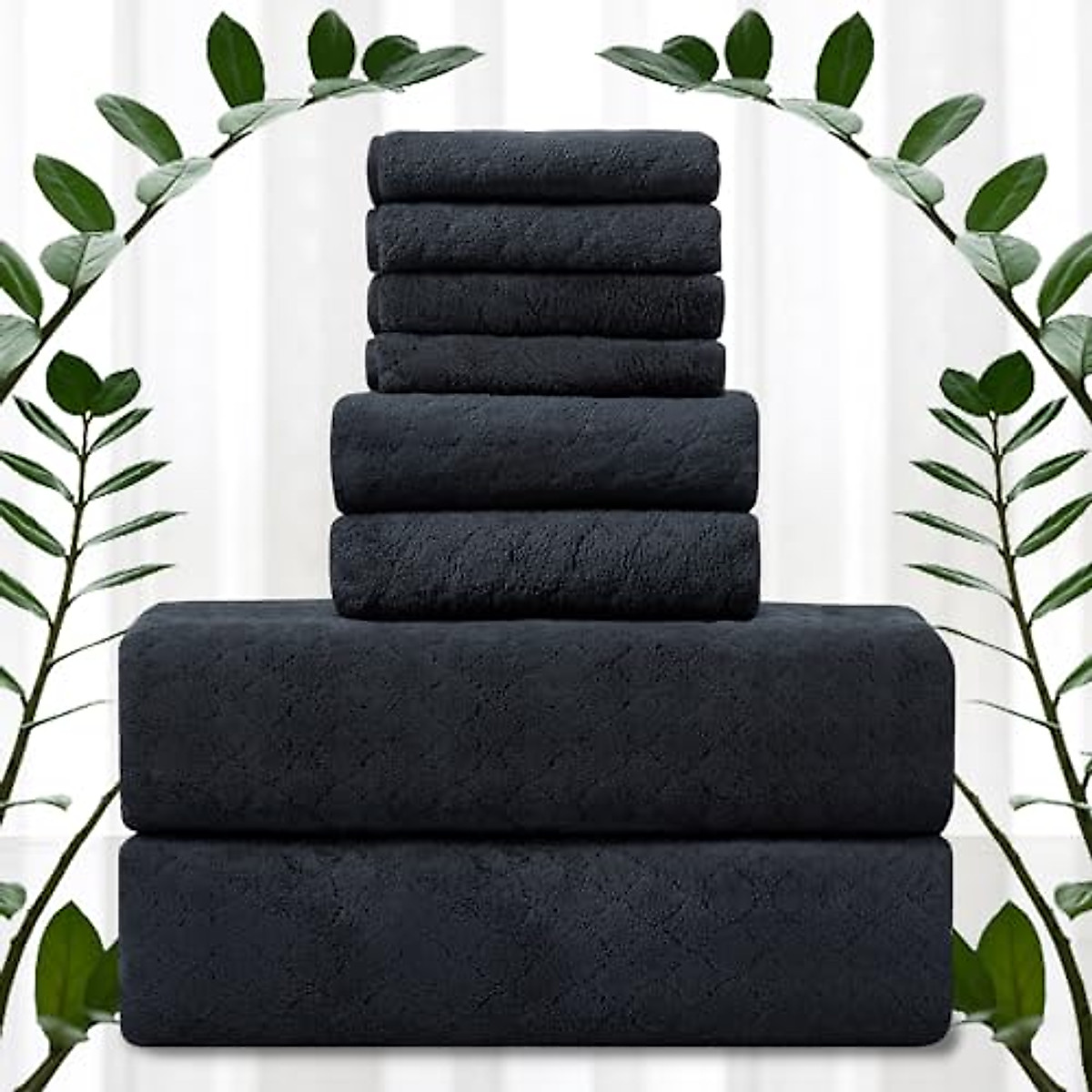 Extra Large Bath Towel Sets of 8, 2 Large Bath Towels Oversized, 2 Hand Towels, 4 Washcloths, Soft Microfiber & Quick Dry & Highly Absorbent Bath Towels for Bathroom Kitchen Spa Hotel Gym Pet(Black)