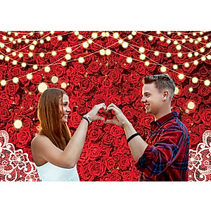 BINQOO 7x5ft Valentine's Day Red Rose Photography Backdrop Red Floral Wall Background Wedding Bridal Shower Women Party Red Flowers Wall Background Girls Birthday Party Supplies