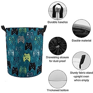 LynaRei Colorful Joystick Gamepad Laundry Basket with Handle, Gaming Cool Print Drawstring Round Collapsible Storage Bin, Dirty Clothes Hamper for Bedroom Bathroom