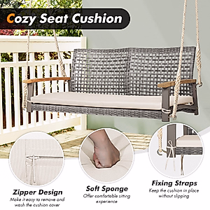 RELAX4LIFE 2-Seater Outdoor Porch Swing - Patio PE Rattan Hanging Swing Bench with Seat Cushion and Strong Hanging Ropes, Wicker Swing Loveseat Bench for Porch, Backyard, Garden, 800 lbs (Off White)