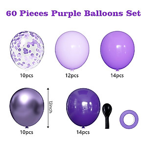 Purple Balloons Set, 60 Pieces 12 Inches Metallic Chrome Purple Balloons Lavender Lilac Balloons Dark Purple Confetti Balloons for Halloween Party Decorations Birthday Bridal Shower