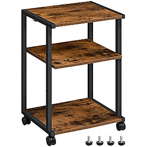 HOOBRO Mobile Printer Stand, 3-Tier Printer Cart Under Desk with Storage, Industrial Adjustable Rolling Cart , Sturdy Little Table on Wheels for Home Office, Rustic Brown and Black BF28PS01
