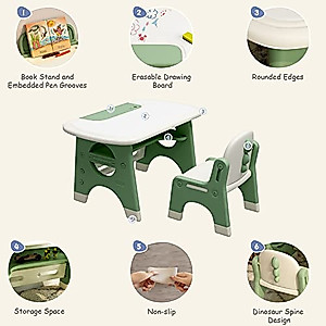 BanaSuper Kid's Drawing Table and Chair Set with Erasable Board Watercolor Pens Plastic Activity Table for Toddlers Children Desk Snack Time Homeschooling Homework Gift for Boy & Girl (Green)