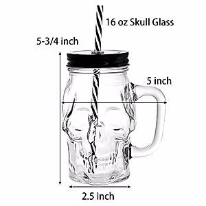 TOPZEA 6 Pack Glass Mason Drinking Jars with Handle, 16 Oz Skull Beer Mugs Wide Mouth Tumbler Cup with Straws, Pub Bar Drinking Mugs for Beverage, Liquor, Cold Drinks