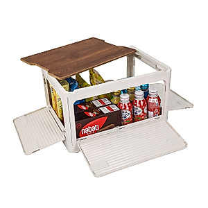 The foldable outdoor camping storage box has a large capacity of 48L, the foldable storage box equipped with a wooden cover and rollers can be used for indoor,car trunk and camping.