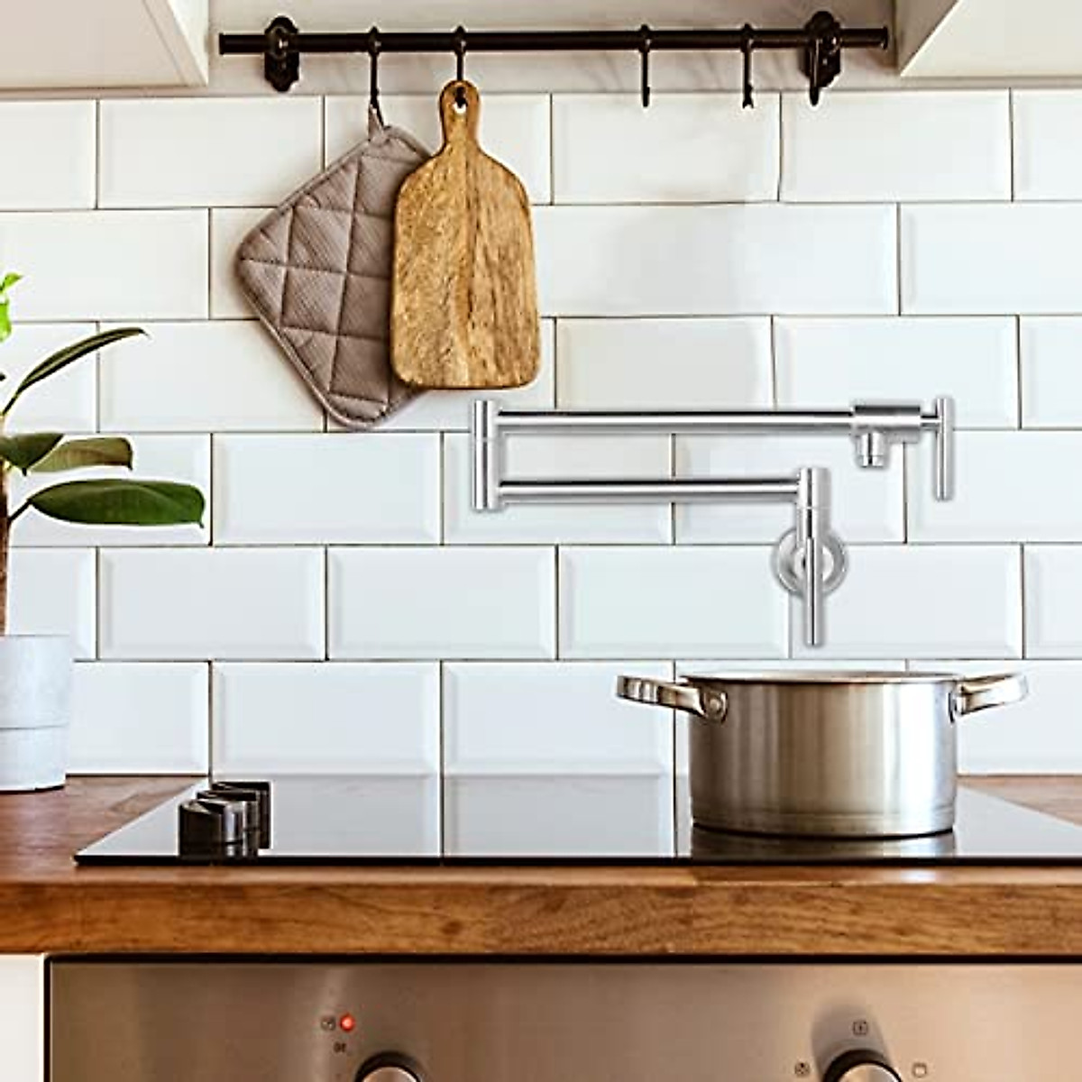 Launceter Pot Filler Faucet, Wall Mount Pot Filler Solid Brass Brushed Nickel Kitchen Faucets, Double Joint Swing Arm Kitchen Sink Pot Filler Faucets, Single Hole with 2 Handles(Brushed Nickel)