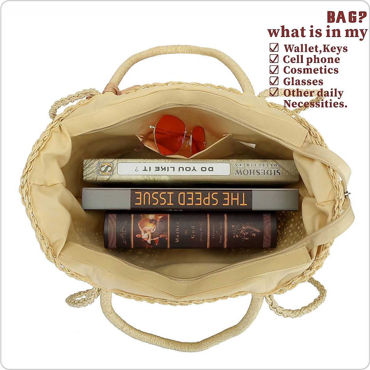 So'each Women's Handbag Color Matching Bow Wicker Woven Rattan Straw Tote Shoulder Bag Beige