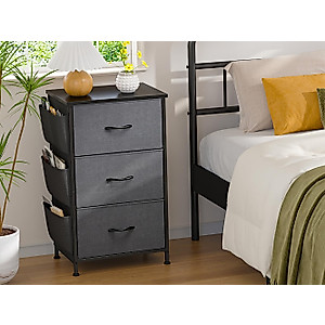 EnHomee Nightstand with 3 Drawers, Night Stand for Bedroom, Bedside Table with Wooden Top, Sturdy Steel Frame End Table, Small Dresser for Bedroom, Living Room, Grey