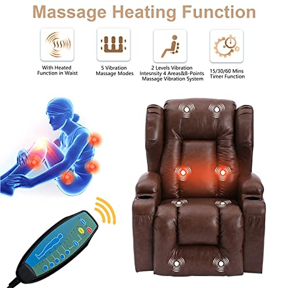 IPKIG Power Lift Chairs Recliners for Elderly with Massage and Heated, Faux Leather Power Recliner Chair with USB Ports/2 Remote Control/4 Side Pocket for Living Room, Bedroom (Brown)