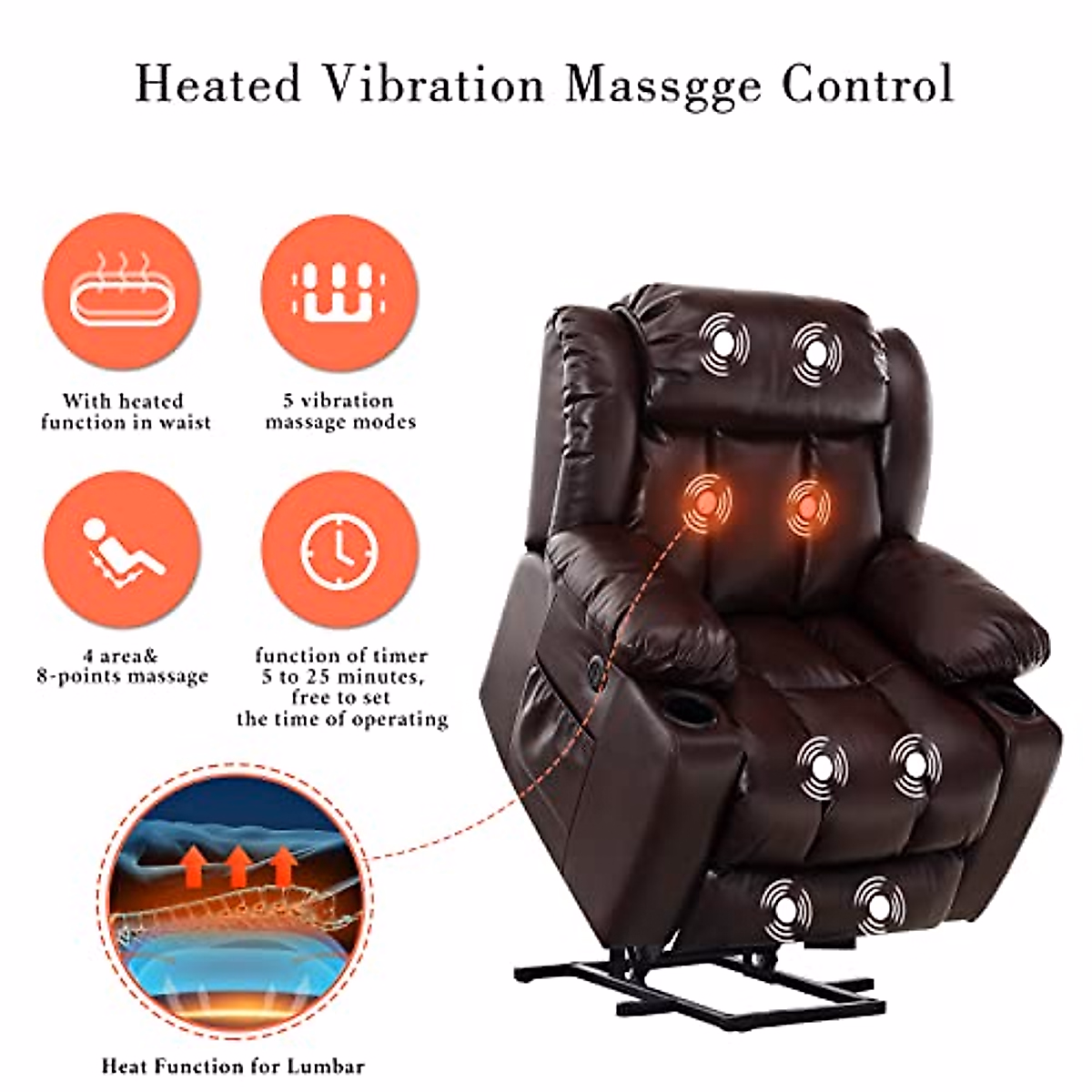 COOSLEEP Large Power Lift Recliner Chair with Massage and Heat for Elderly, Overstuffed Wide Recliners, Breathable Leather with Breathable microporous, USB Ports, 2 Cup Holders (Brown)