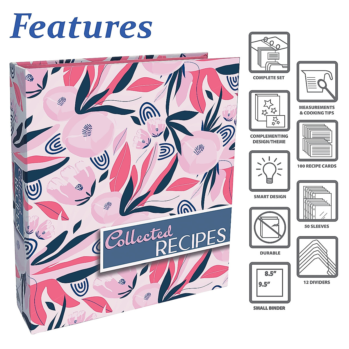 Better Kitchen Products Recipe Binder, 8.5" x 9.5" 3 Ring Binder Organizer Set (with 50 Page Protectors, 100 4" x 6" Recipe Cards & 12 Category Divider Tabs) Floral Design