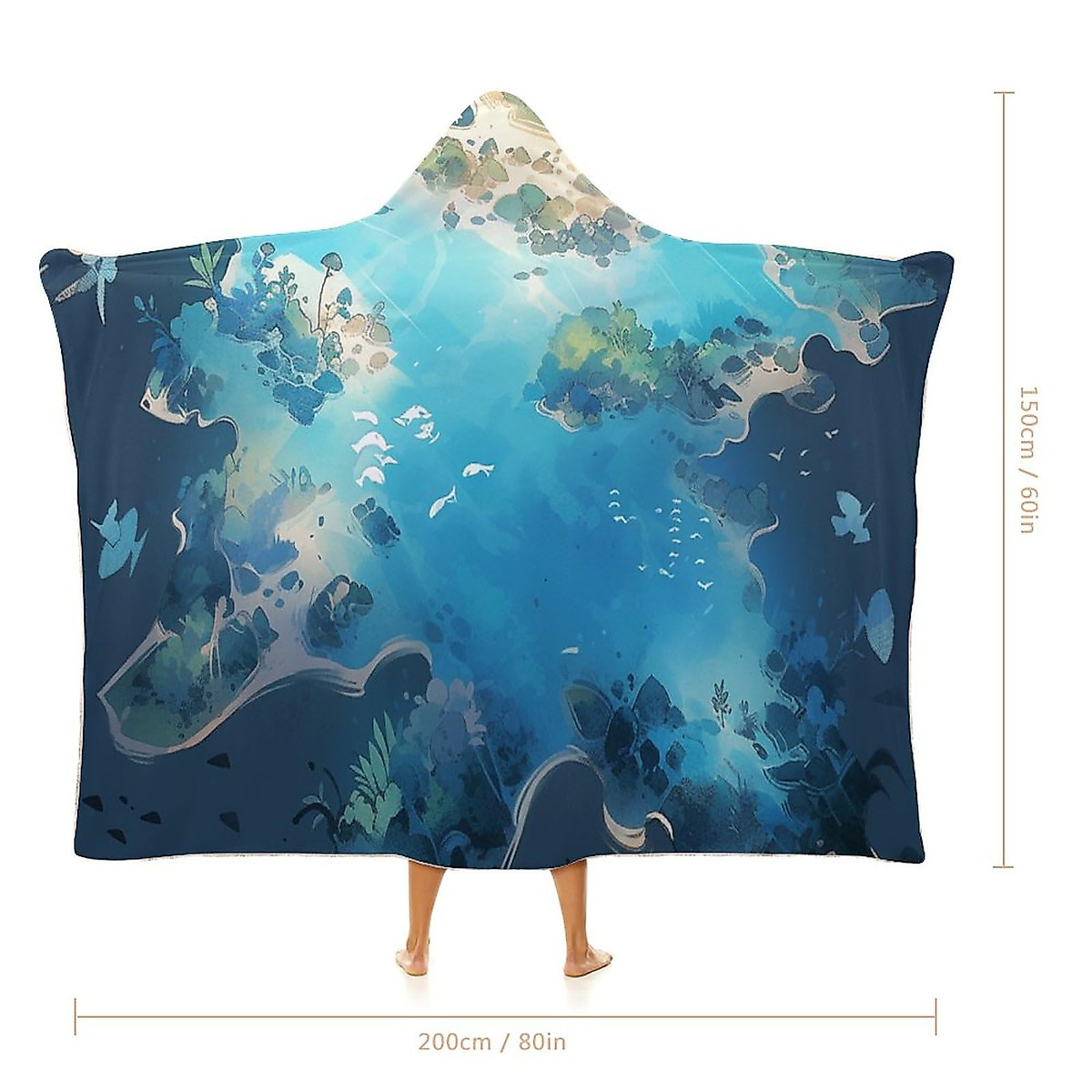 Hooded Blankets Blue Ocean Fish Wearable Hooded Blankets Nature Nautical Ocean Flannel Soft And Comfortable Fit for Kids Adults Teens for Sofa Lounge Bed Napping 50"x60" Spring Summer Blanket Hoodie