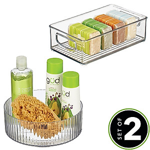 mDesign Plastic Stackable Bin with Handles and 9" Round Fluted Lazy Susan Turntable Plastic Spinner Combo Set for Organization in Bathroom, Closet, Cabinet, or Vanity Countertop - Set of 2 - Clear