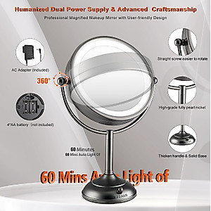 VESAUR Professional 8.5" Lighted Makeup Mirror, 1X/10X Double Sided HD Undistorted Magnifying Mirror with 3 Color 60 LED Lights, Adjustable Brightness, 360° Rotation Vanity Mirror, Unique Black Nickel