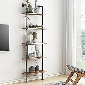 MCleanPin Industrial Shelves Ladder Bookshelves 73in Height 5 Tier Wall Mounted Bookcase, Display Storage Rack Plant Flower Stand Rustic Wood Shelves for Home Office, Bedroom, Kitchen,Living Room