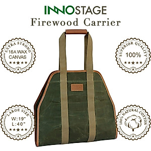 INNO STAGE Waxed Canvas Log Carrier Tote Bag,40"X19" Firewood Holder,Fireplace Wood Stove Accessories Green