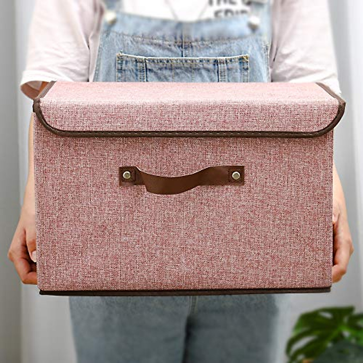 LeFroom 2 Pack Foldable Storage Boxes with Lid and Handles, Cotton and Linen Storage Bins and Baskets Organizer for Nursery, Closet, Bedroom, Home(Red)