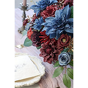 Udoula Burgundy Artificial Flowers Combo Pack, Faux Navy Blue Flowers Wedding Combo for DIY Wedding Bouquets Combo Arrangements Party Bridal Baby Shower centerpieces
