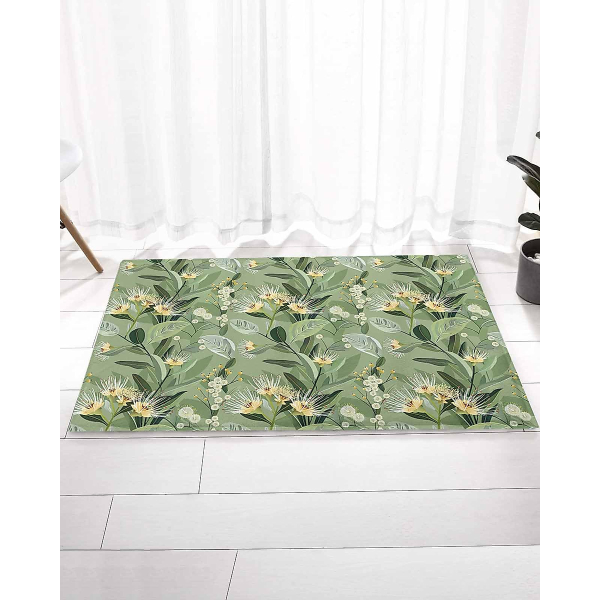 Edwiinsa Tropical Flower Plush Rug Non Slip Bathroom Mat, Soft Shaggy Bath Rugs Entryway Rug 18'' x 30'', Green Palm Leaves Botanical Spring Summer Throw Floor Carpet Mat for Bathroom Shower Kitchen