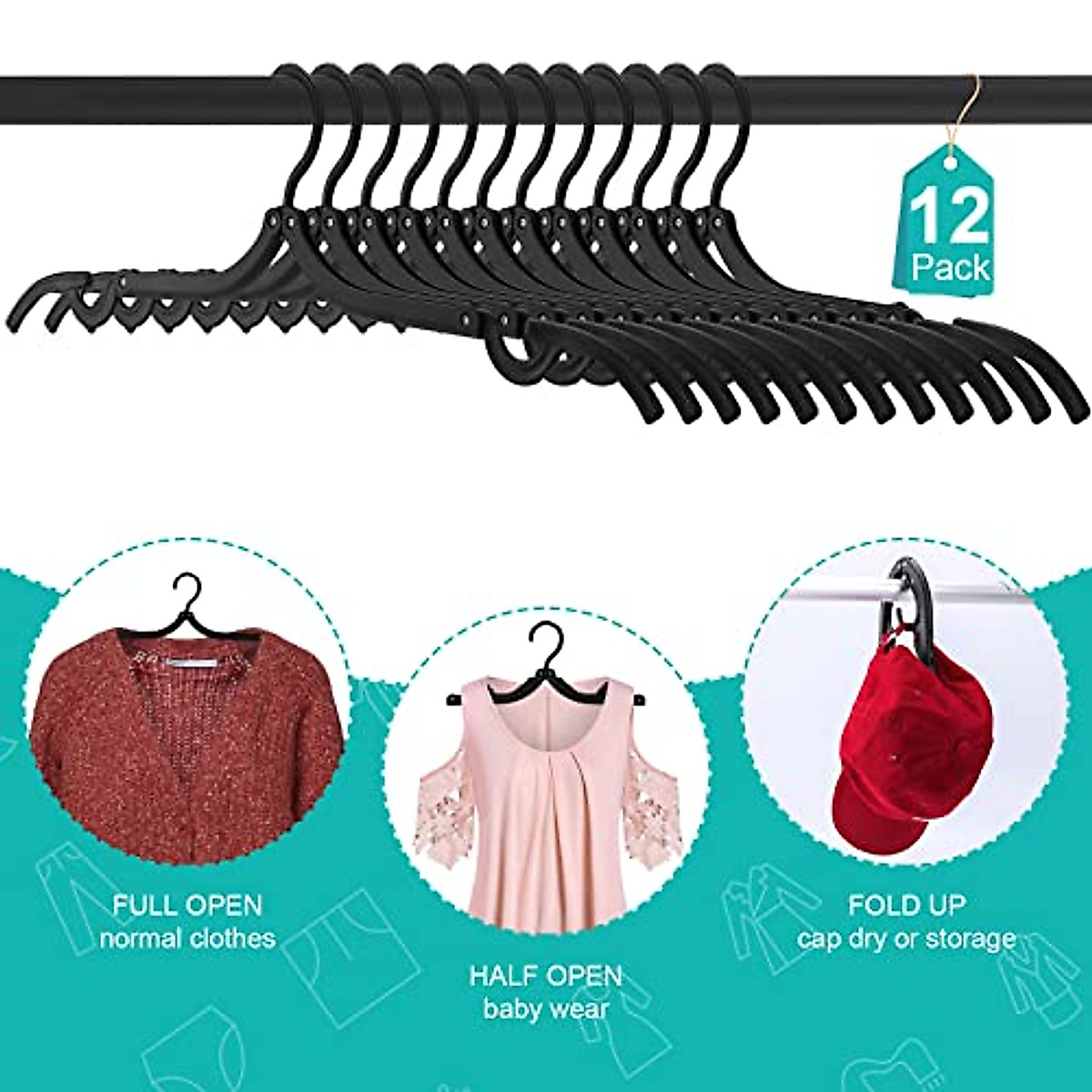 12 PCS Travel Hangers,Portable Folding Clothes Hangers,Black Foldable Hangers Lightweight Travel Accessories,Non-Slip Folding Hangers for Clothes,Foldable Clothes Drying Rack for Travel and Home