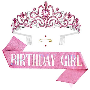 Casoty Birthday Girl Sash & Rhinestone Tiara Set, Birthday Crowns for Women, Happy Birthday Queen Tiara for Women, Birthday Sash and Tiara for Women, Glitter Birthday Sash Birthday Party Favors