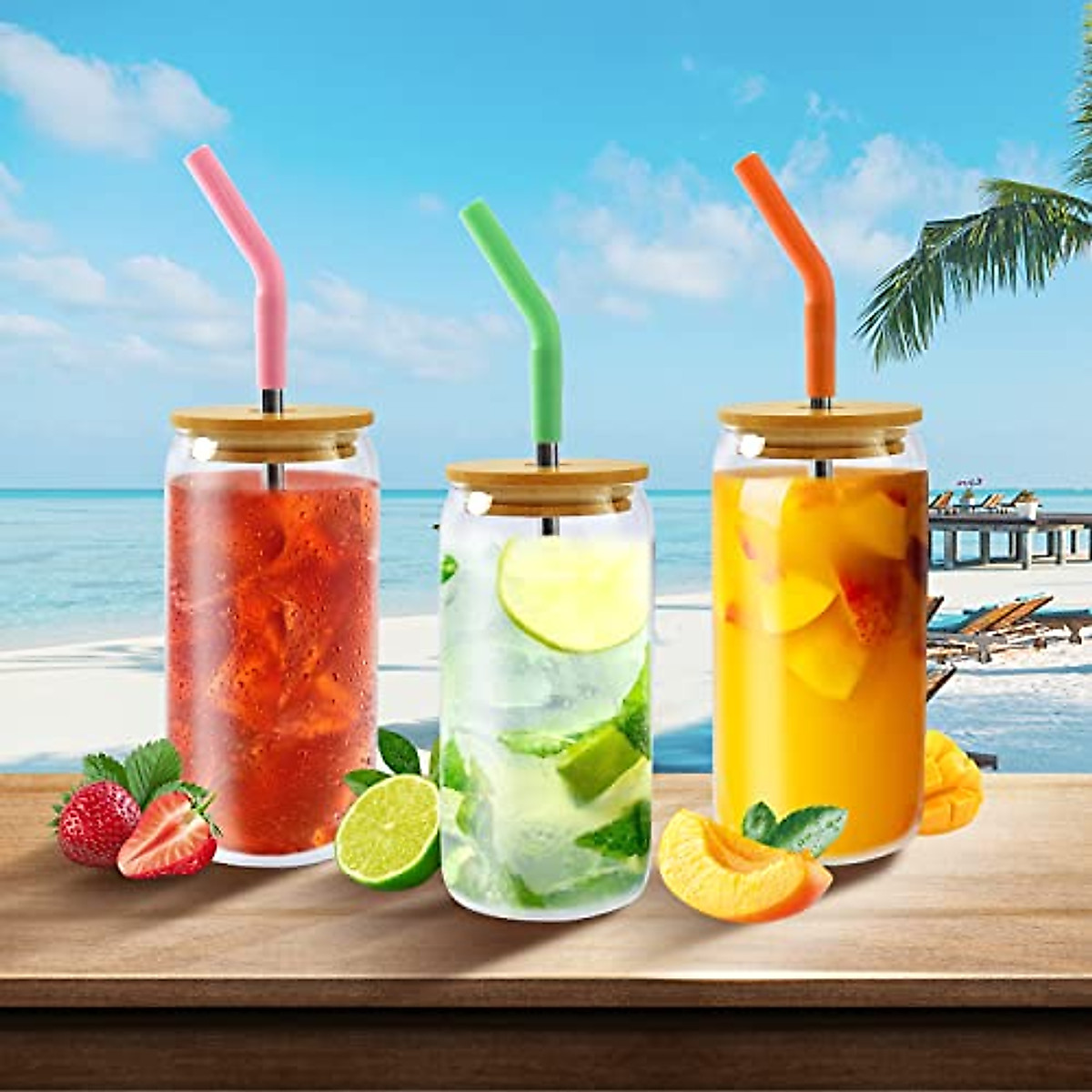 AUGOSTA Beer Can Glass with Lids and Straw, 16 oz Reusable Drinking Glasses Tumbler, Free 4 Bamboo lids, 4 Stainless Steel Straw with Colored silicone plug, 2 Cleaning Brush, 4 Pack