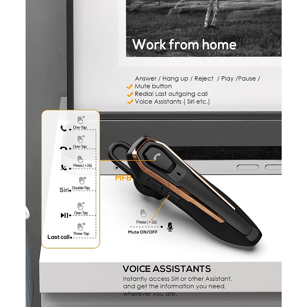 ZOUKAI Bluetooth Headset, Noise Cancelling with 2 Microphones, 30 Hours Talk Time, Announce Caller ID, Hands Free Bluetooth Wireless Earpiece for Cell Phones/Laptop/PC