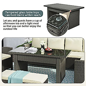 GODAFA 6-Piece Wicker Outdoor Patio Furniture Set-Featuring All-Weather PE Rattan Conversation Sectional Sofa, Dining Table, Chair, and Bench with Cushions for Backyard, Porch, and Poolside, 1, Beige