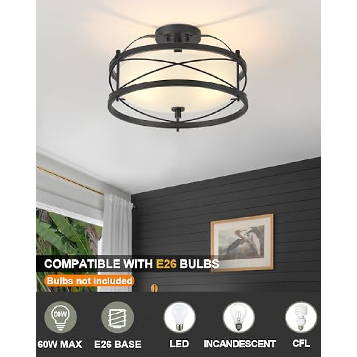 LHLYCLX Entryway Drum Light Fixtures, Semi-Flush Mount Rustic Ceiling Light for Hallway Living Room Bedroom Kitchen, Old Bronze Finished (Brown)