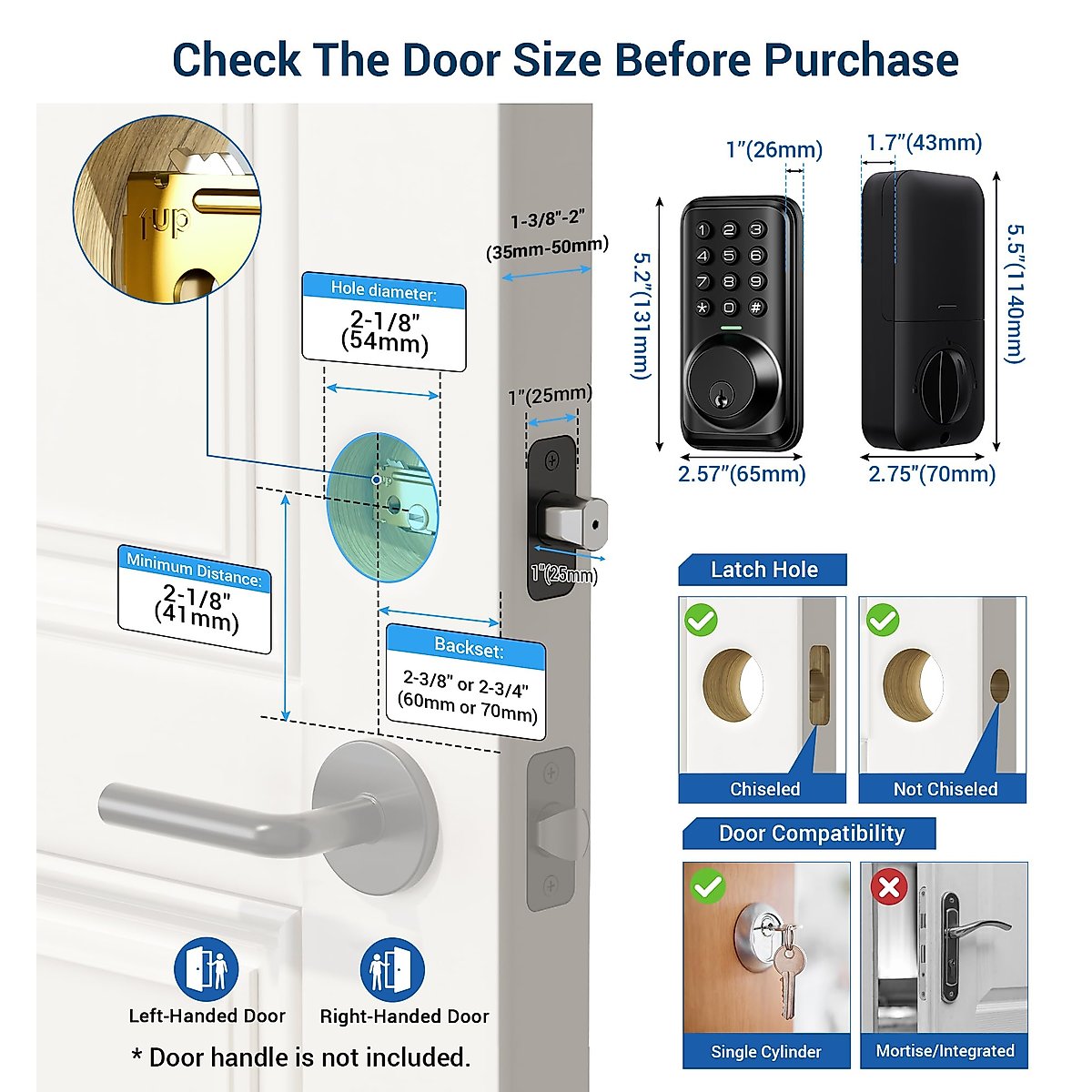 Veise Keyless Entry Door Lock, Electronic Keypad Deadbolt Lock, Auto Lock, 1 Touch Locking & 20 User Codes, Anti-Peeking Password, Easy Installation Design - Matte Black