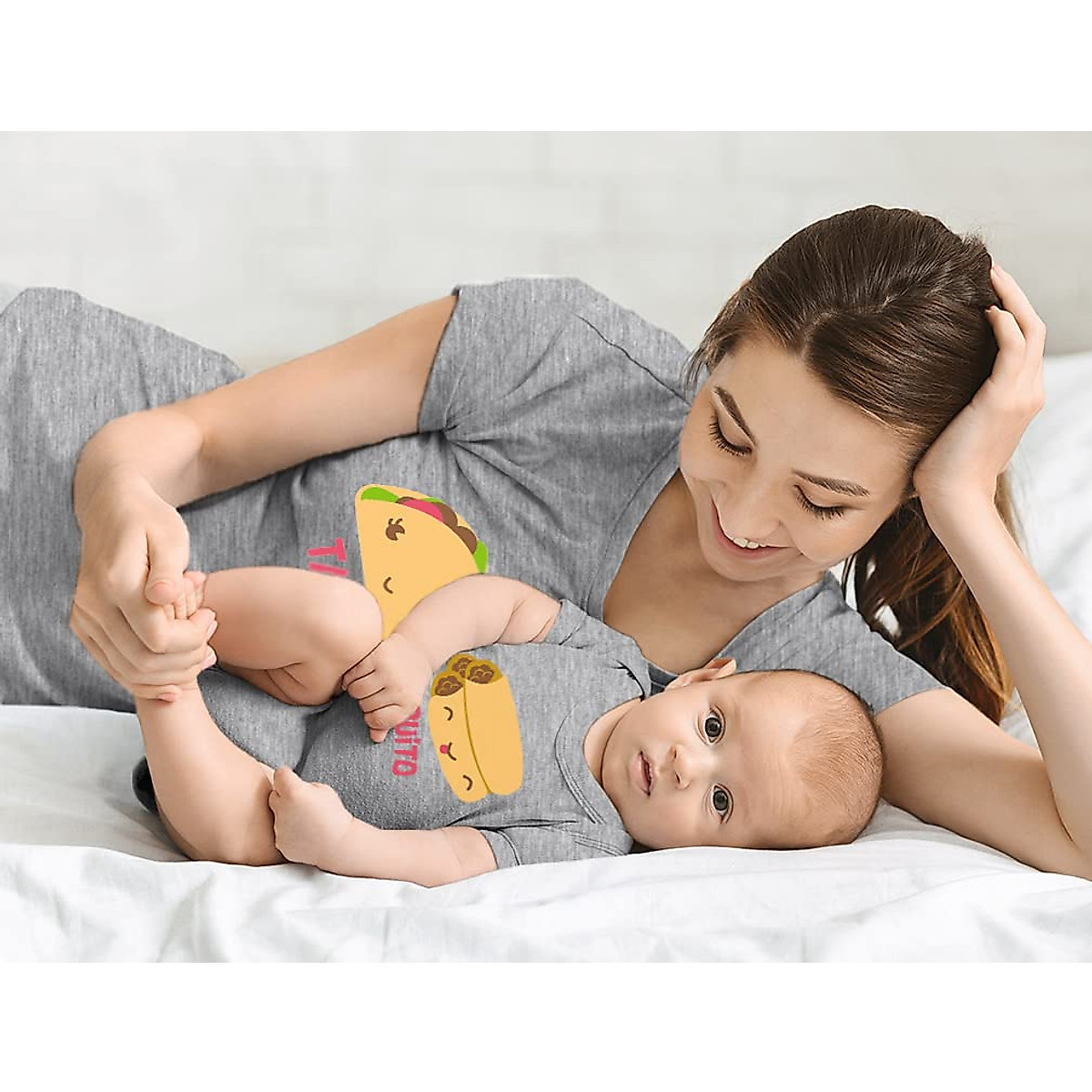 Taco Taquito Mommy and Me Outfits Gifts for New Moms First Mothers Day Mom & Infant Baby Bodysuit Matching Set Taco Gray Small/Taquito Gray 12M (6-12M)